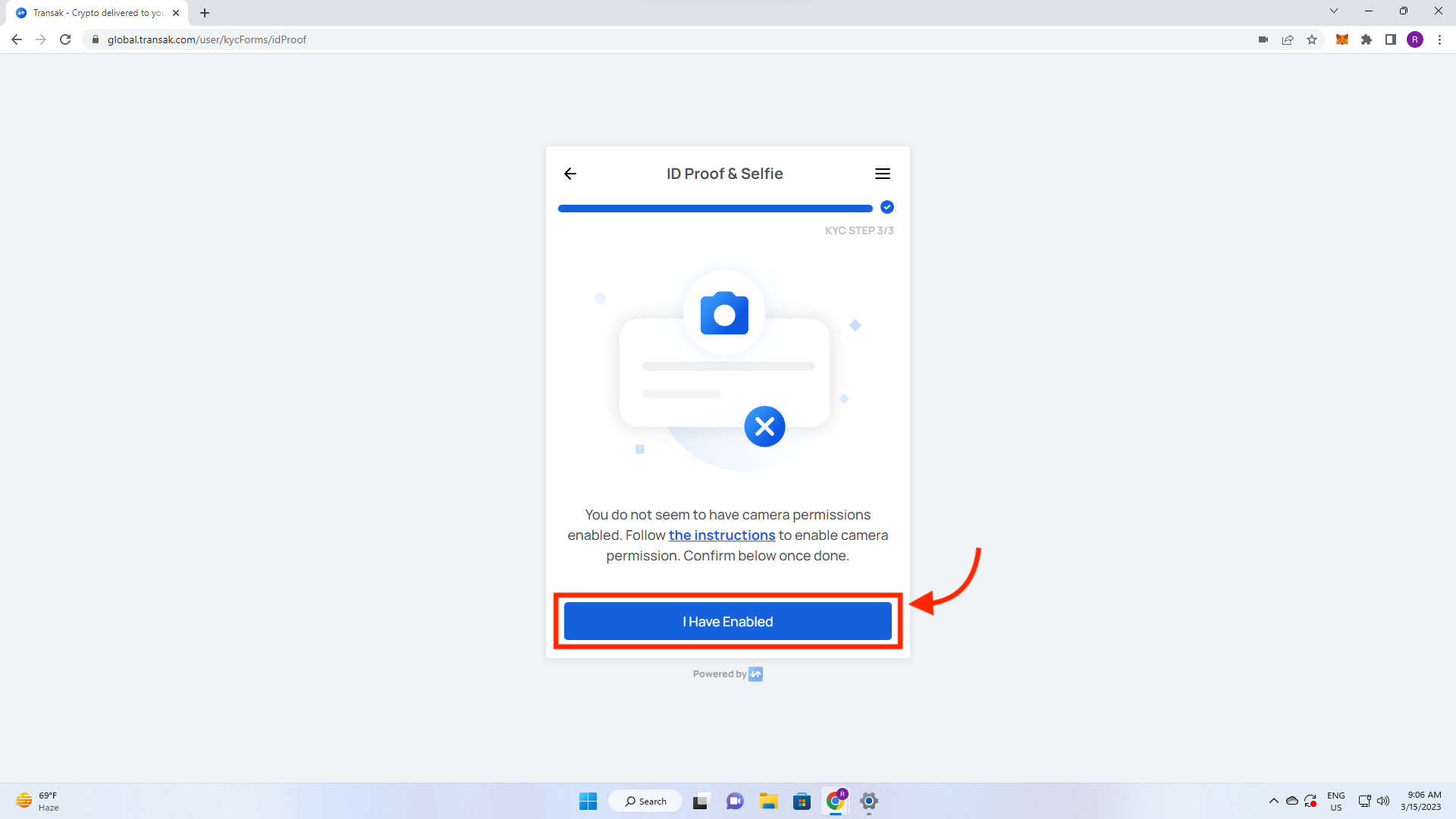 How to enable camera permissions while doing KYC | Transak